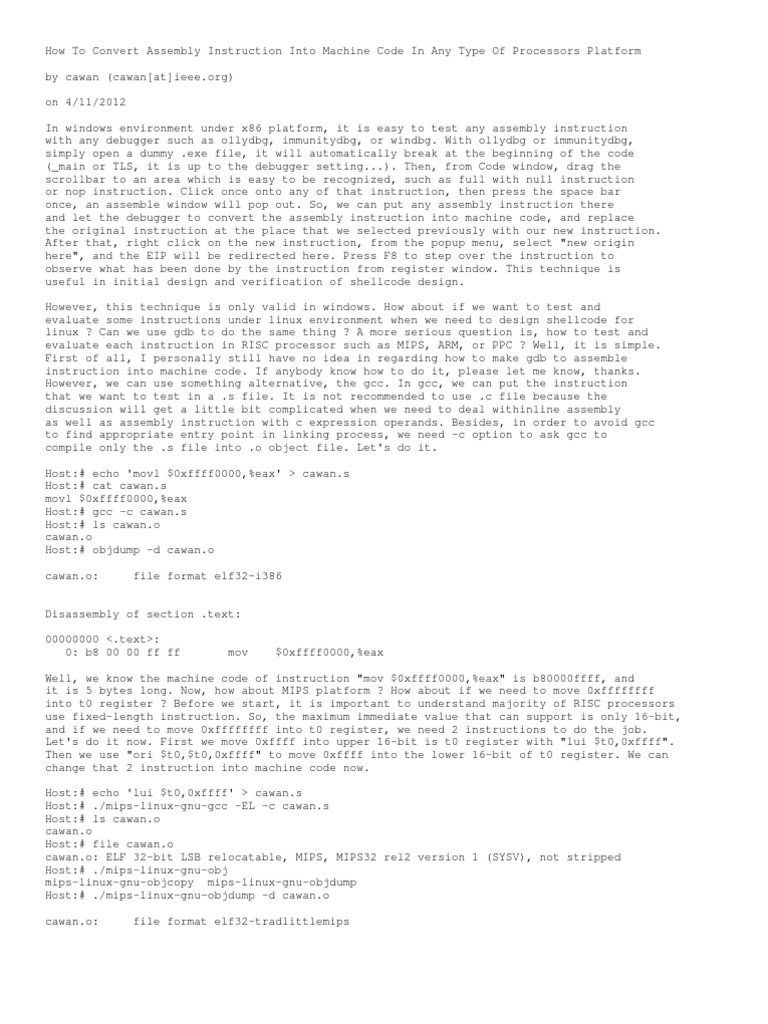 How To Convert Assembly Instruction Into Machine Code In Any Type Of Processors Platform Pdf