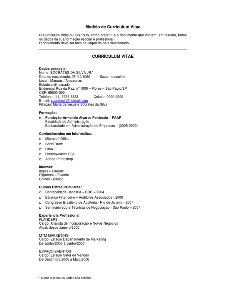 Modelo de Curriculum Vitae Atualizado | PDF