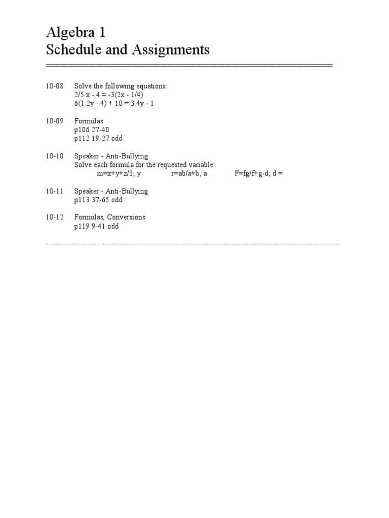 Algebra 1 Schedule and Assignments | PDF | Formula | Door