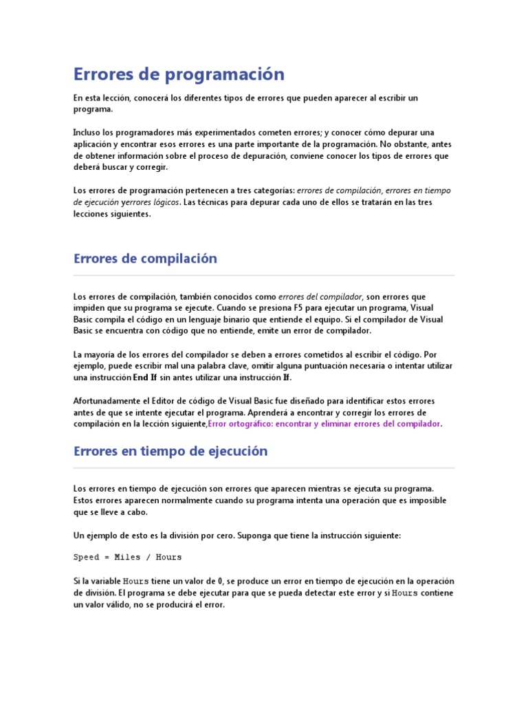 Errores de Programación | PDF | Compilador | Tiempo de ejecución (fase ...