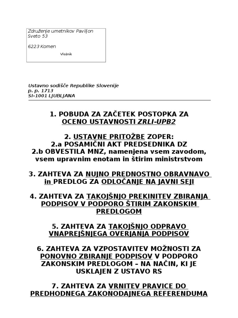 ZUP - Ustavna Pobuda Zoper ZRLI-UPB2 in Ustavna Pritozba | PDF