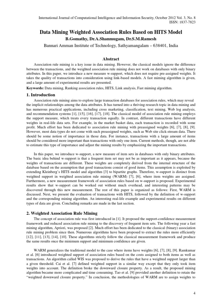 Data Mining Weighted Association Rules Based On HITS Model | PDF