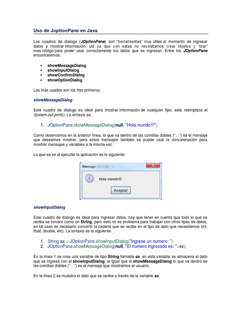 Uso de JOptionPane en Java | PDF | Java (lenguaje de programación ...