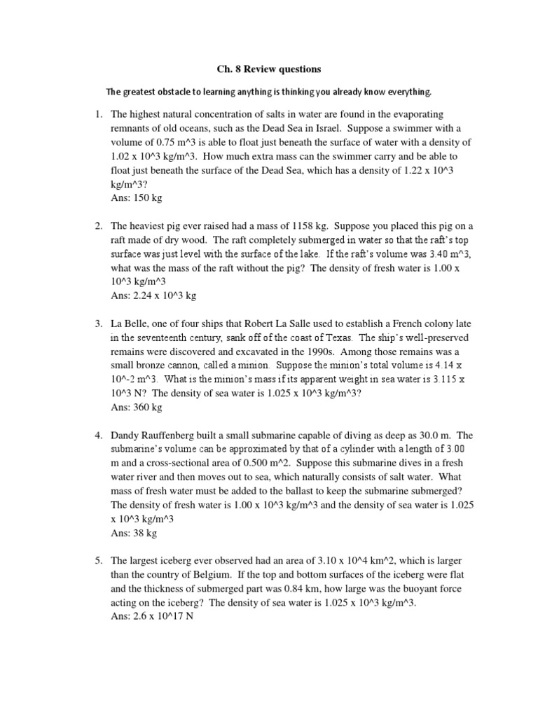 Ch.8 Review Page Problems | PDF | Buoyancy | Density