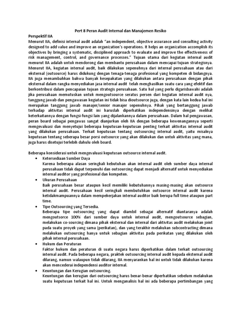Pert 8 Peran Audit Internal Dan Manajemen Resiko | PDF | Karier & Perkembangan
