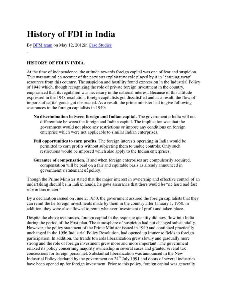 History of FDI in India: BFM Team Case Studies | PDF | Foreign Direct ...