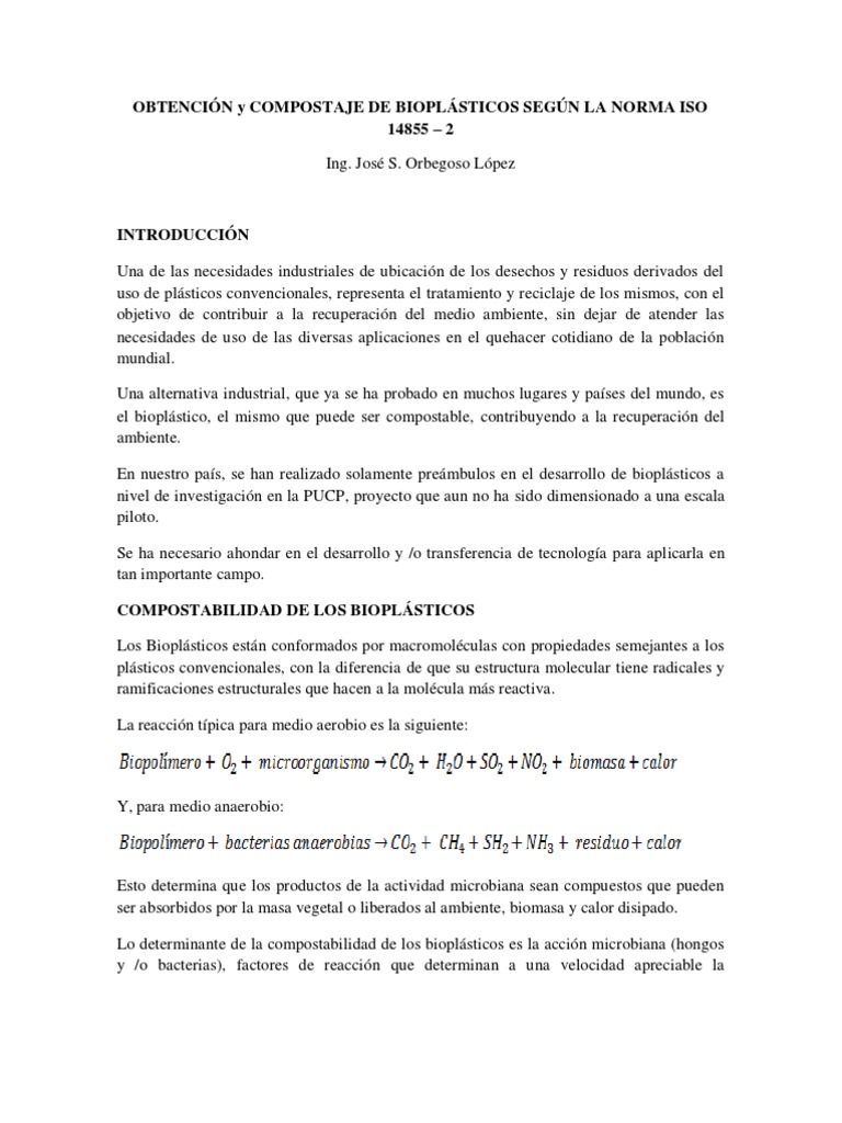 OBTENCIÓN y COMPOSTAJE DE BIOPLÁSTICOS SEGÚN LA NORMA ISO 14855 | PDF ...