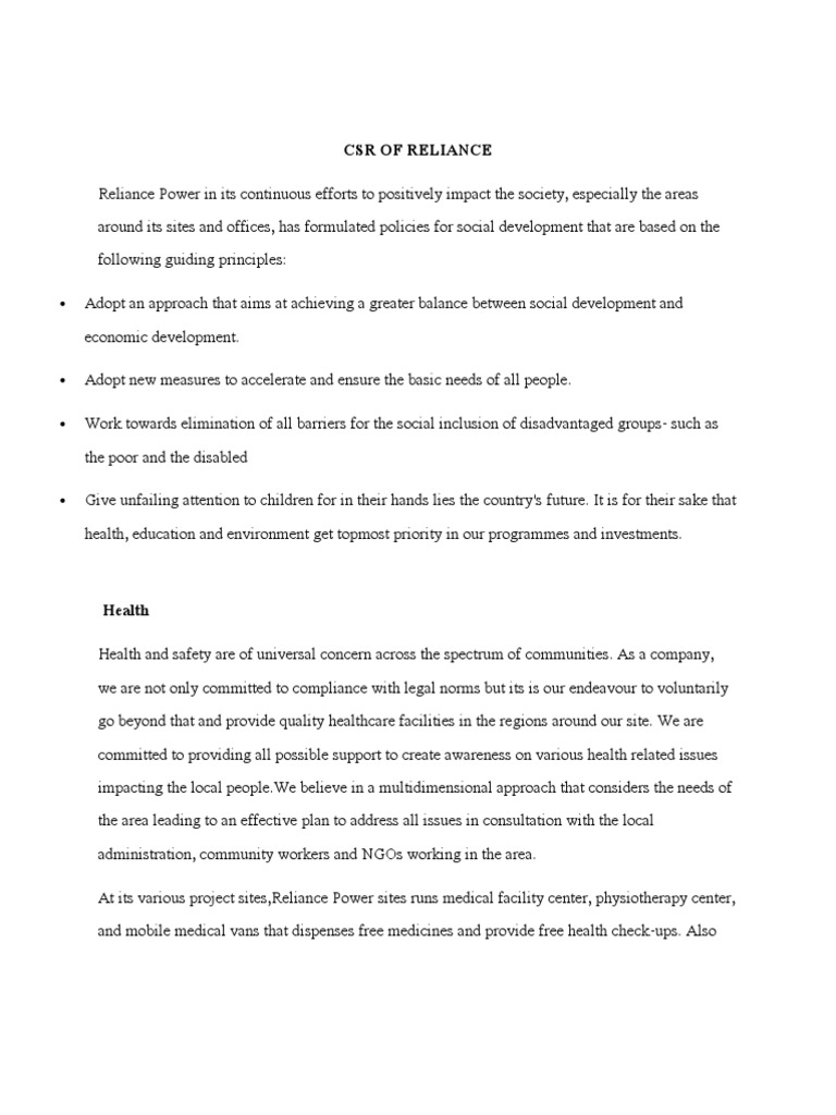 CSR of Reliance | PDF | Corporate Social Responsibility | Occupational ...