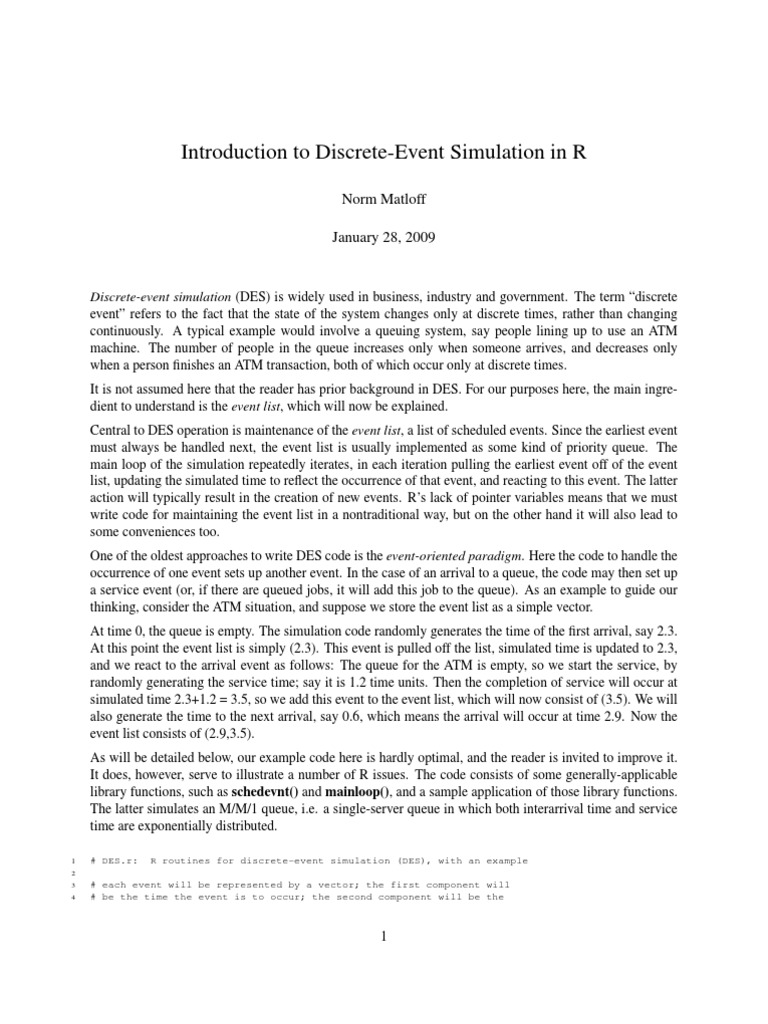 Introduction To Discrete-Event Simulation in R: Norm Matloff January 28, 2009 | PDF | Queue ...