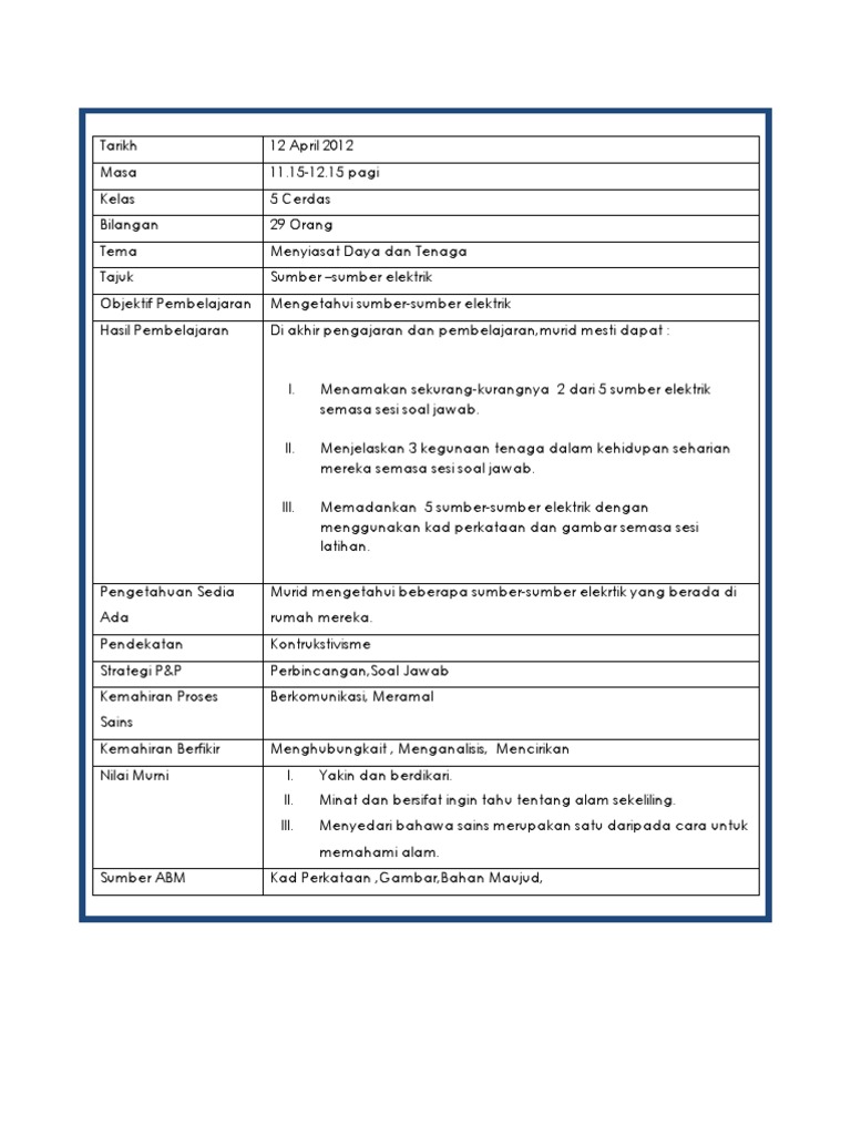RPH SAINS TAHUN 5c-Sumber Elektrik | PDF