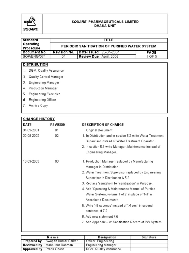 SOP of Sanitation of PW System (074) | Purified Water | Temperature