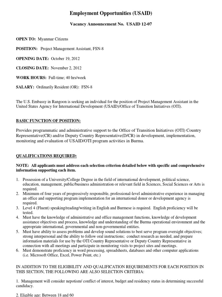 12-07 USAID Project Management Assistant | PDF | United States Agency ...