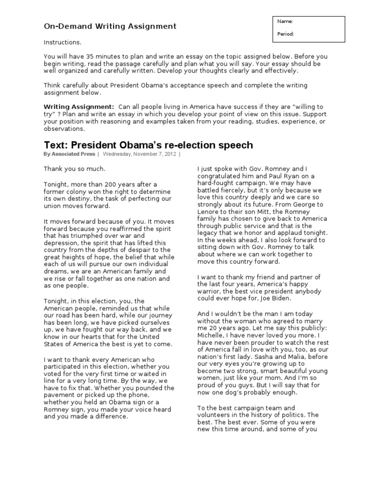 Text: President Obama's Re-Election Speech: On-Demand Writing ...