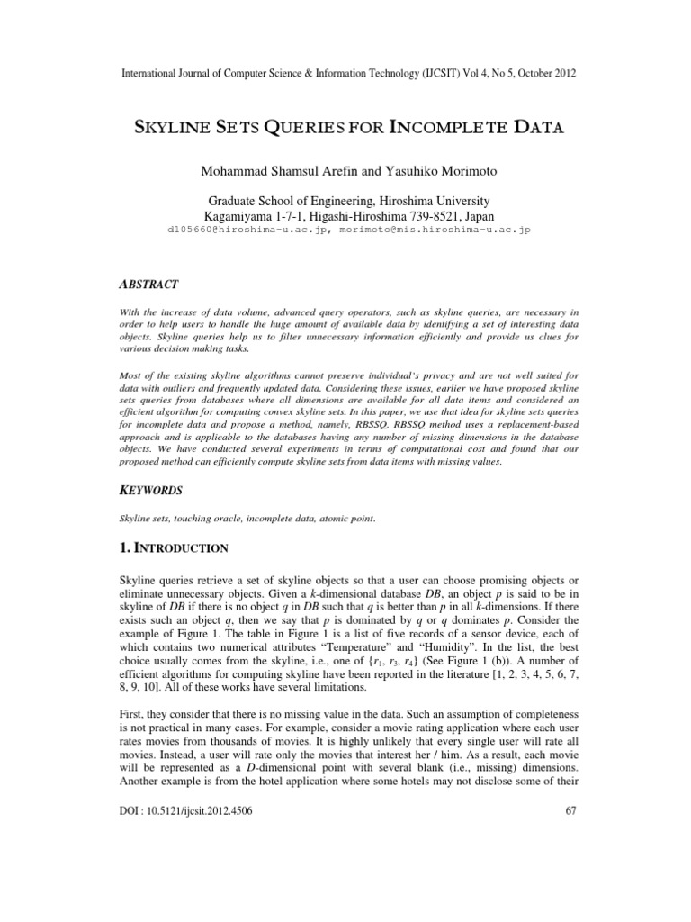 Skyline Sets Queries For Incomplete Data | PDF | Databases | Computer Science