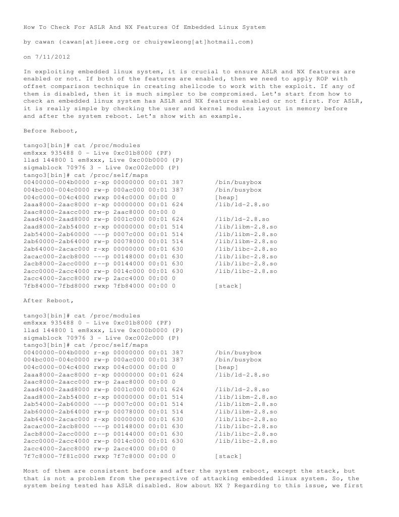 How To Check For ASLR and NX Features of Embedded Linux System 1 | PDF | Unix Software | Debugging