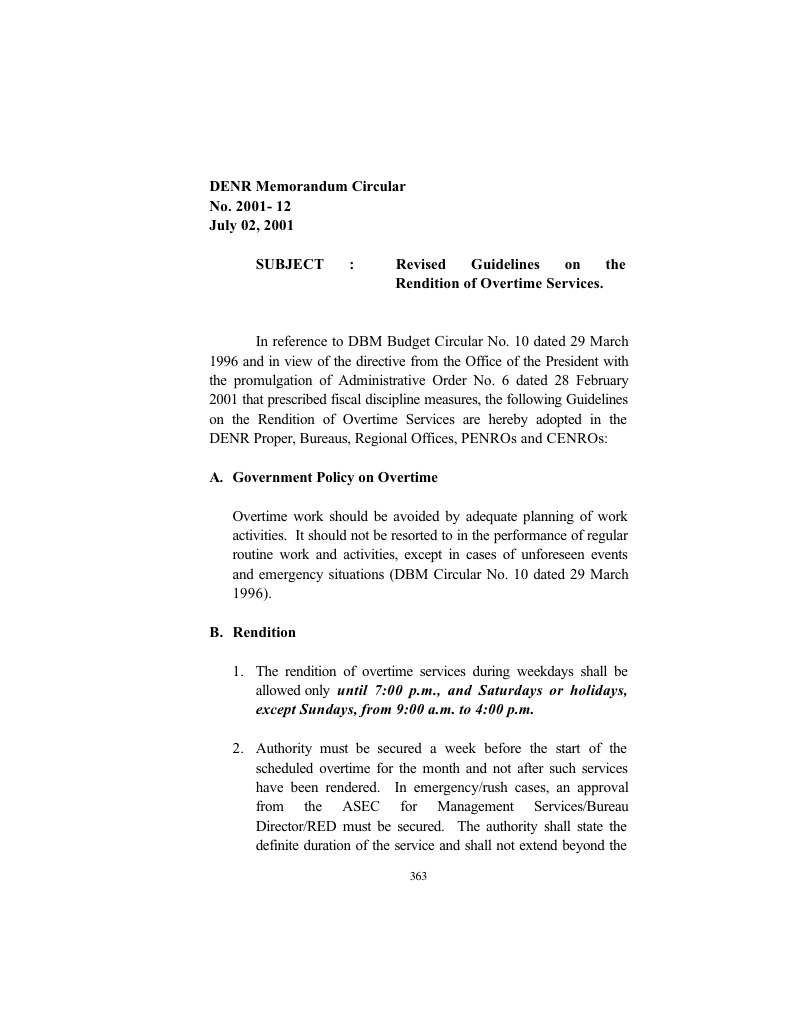 DENR MC 2001-12 (Overtime) | PDF | Overtime | Workweek And Weekend