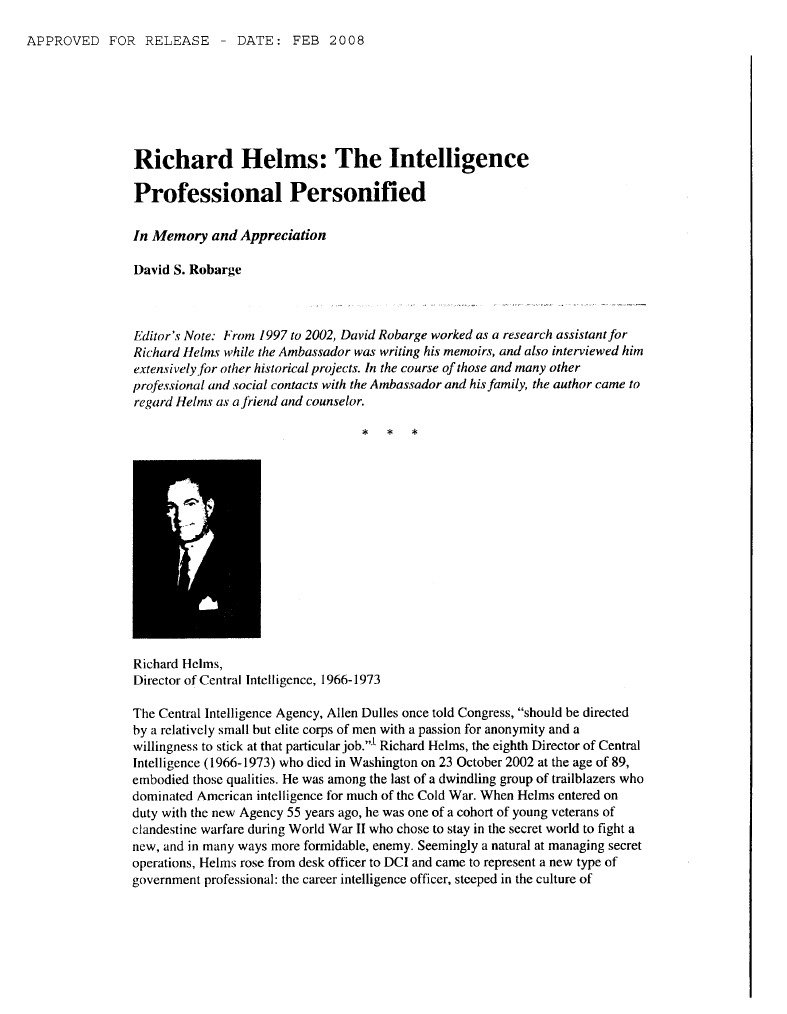 Richard Helms: The Intelligence Professional Personified: Memory and ...