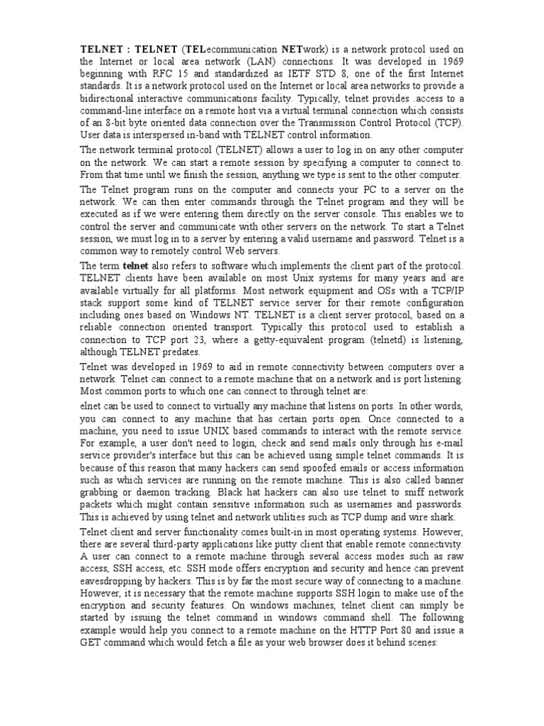 Telnet | PDF | Computer Terminal | Transmission Control Protocol