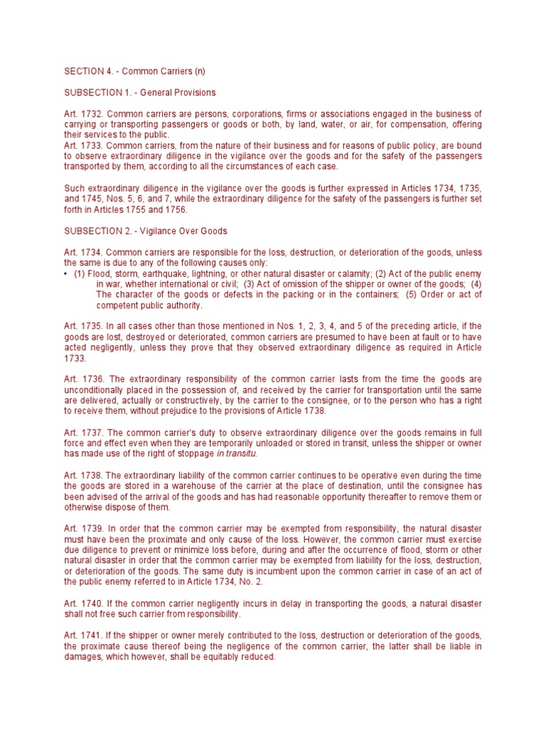 NCC Articles 1732-1766 | PDF | Common Carrier | Negligence