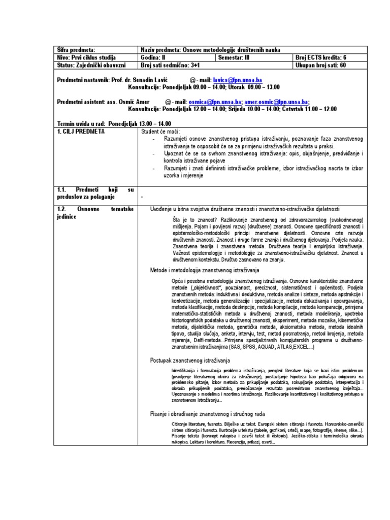 BA Syllabus Osnove Metodologije Drustvenih Nauka | PDF