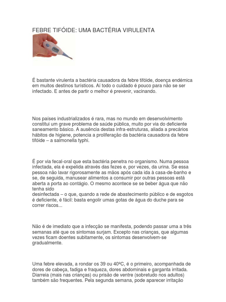 FEBRE TIFÓIDE | PDF | Infecção | Diarreia