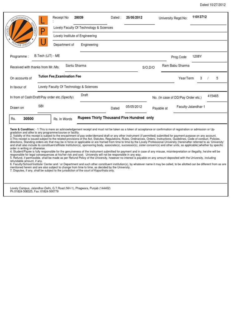 Receipt for tuition and examination fees paid for third year of B.Tech ...