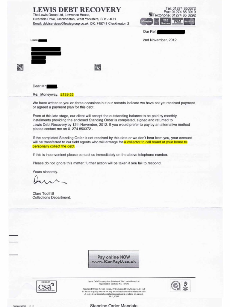 Lewis Debt Recovery Letter 3 - Redacted PDF | Download Free PDF | Pound ...