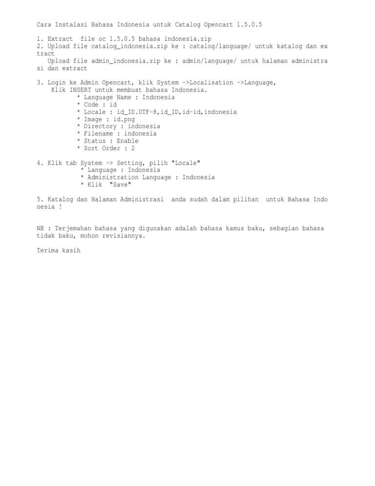 Instalasi Bahasa Indonesia OC 1.5.0.5 | PDF