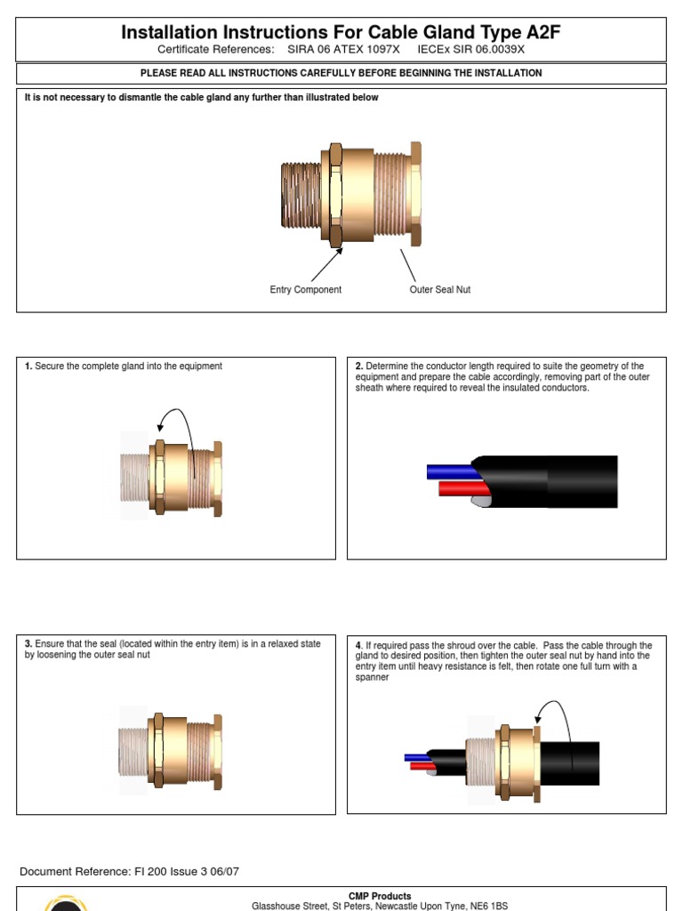 Installation Instructions For Cable Gland Type A2F: Certificate References: Sira 06 Atex 1097X ...
