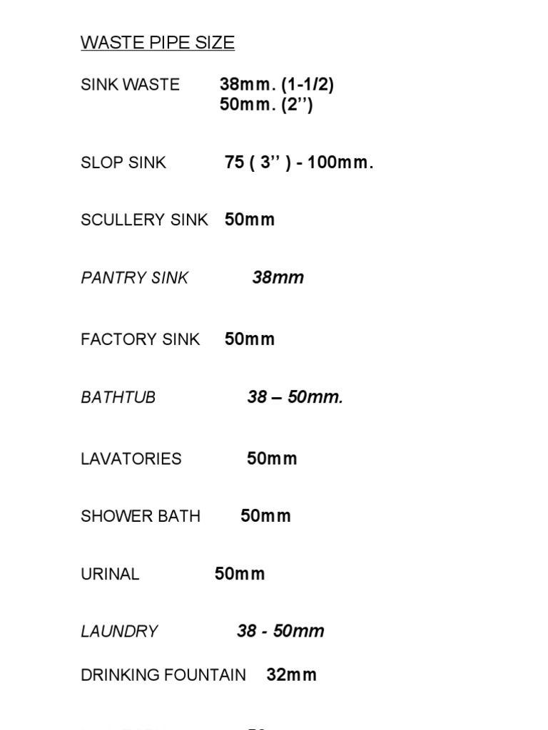 Waste Pipe Sizes for Various Fixtures | PDF | Technology & Engineering