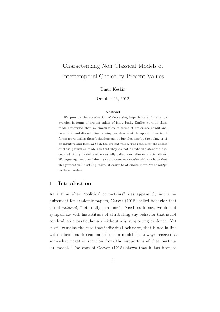 Characterizing Non Classical Models of Intertemporal Choice by Present ...