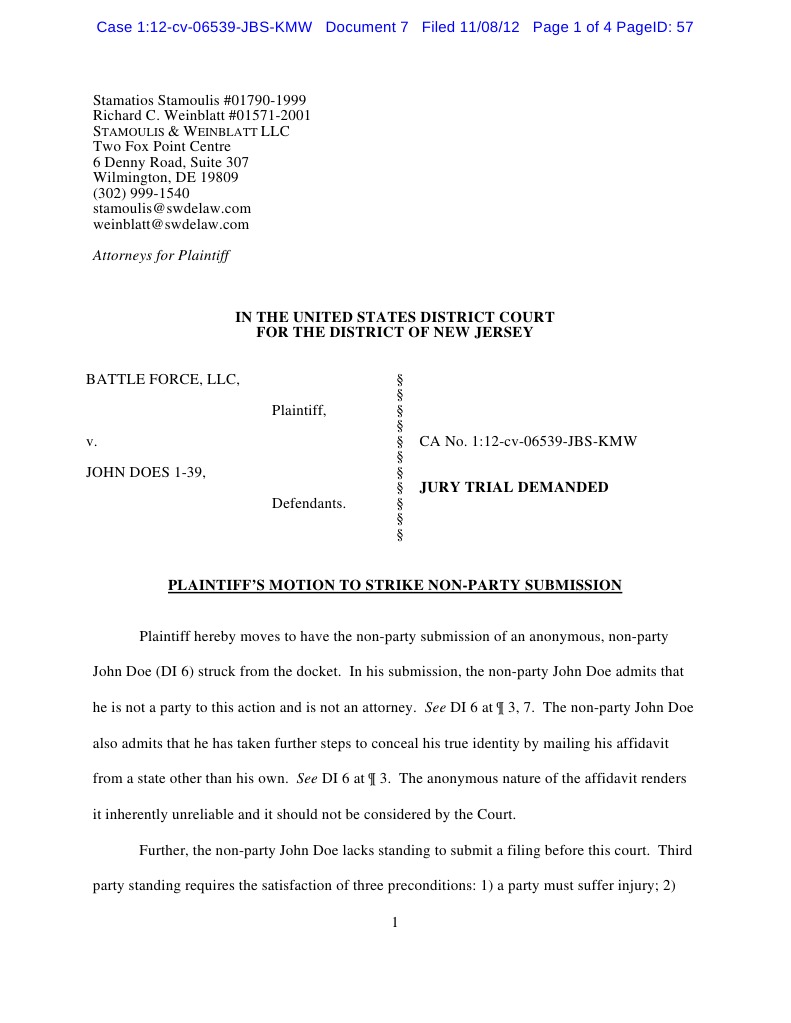 Plaintiff Motion to Strike Non-Party Submission | Joinder | Prejudice ...