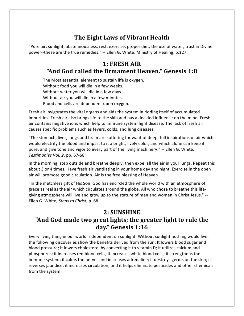 The Eight Laws of Vibrant Health "Pure air, sunlight, abstemiousness ...