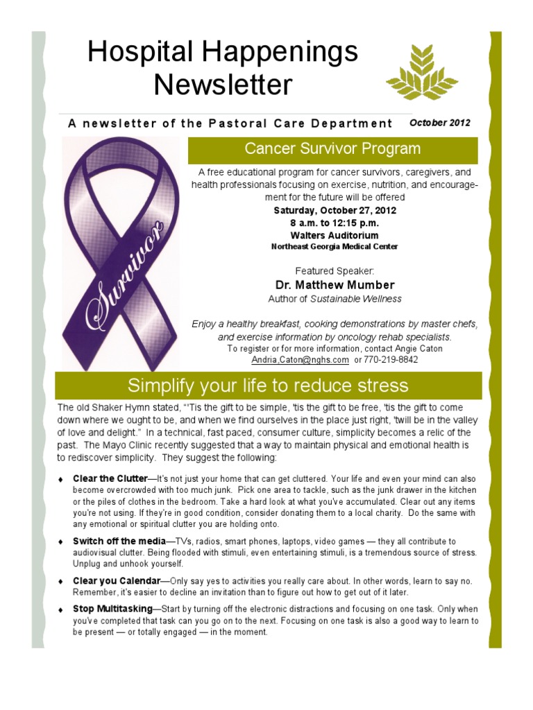 Hospital Happenings Newsletter: Simplify your life to reduce stress ...
