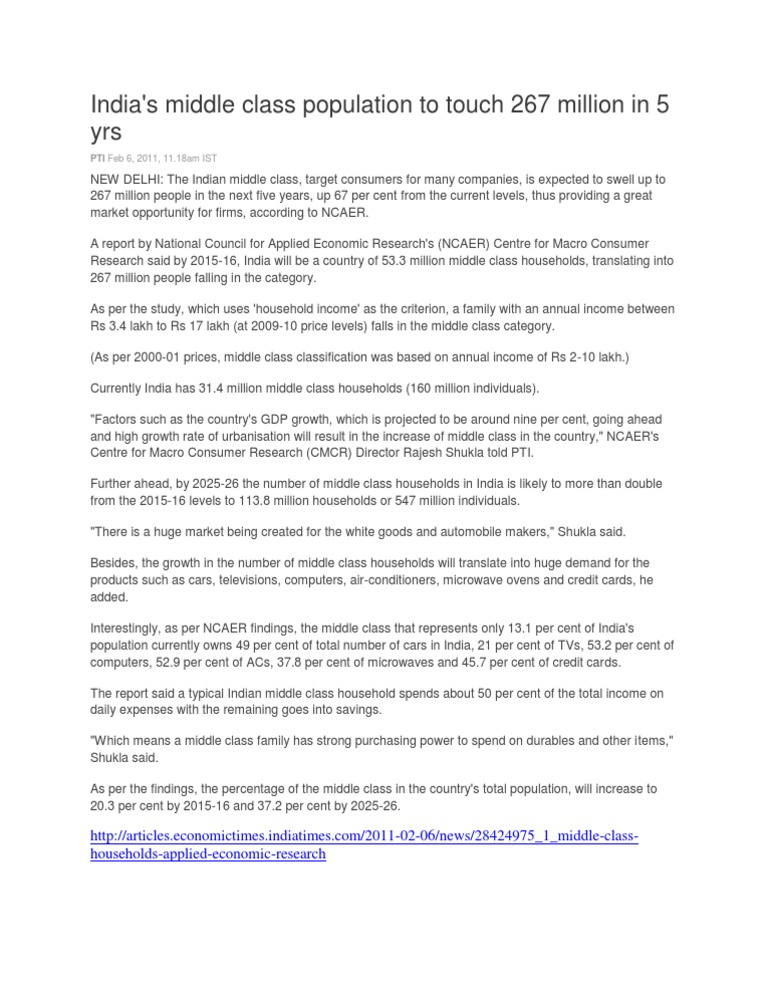 India's Middle Class Population To Touch 267 Million in 5 Yrs | PDF ...