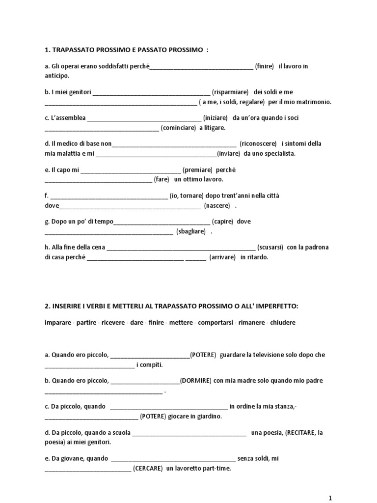 Trapassato Prossimo, Passato Prossimo e Imperfetto, Esercizi | PDF