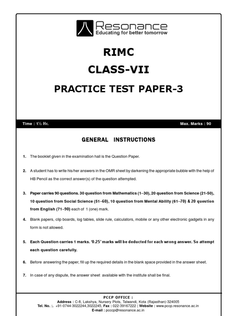 Practice Test Paper-3 - VII | PDF | Circle | Angle