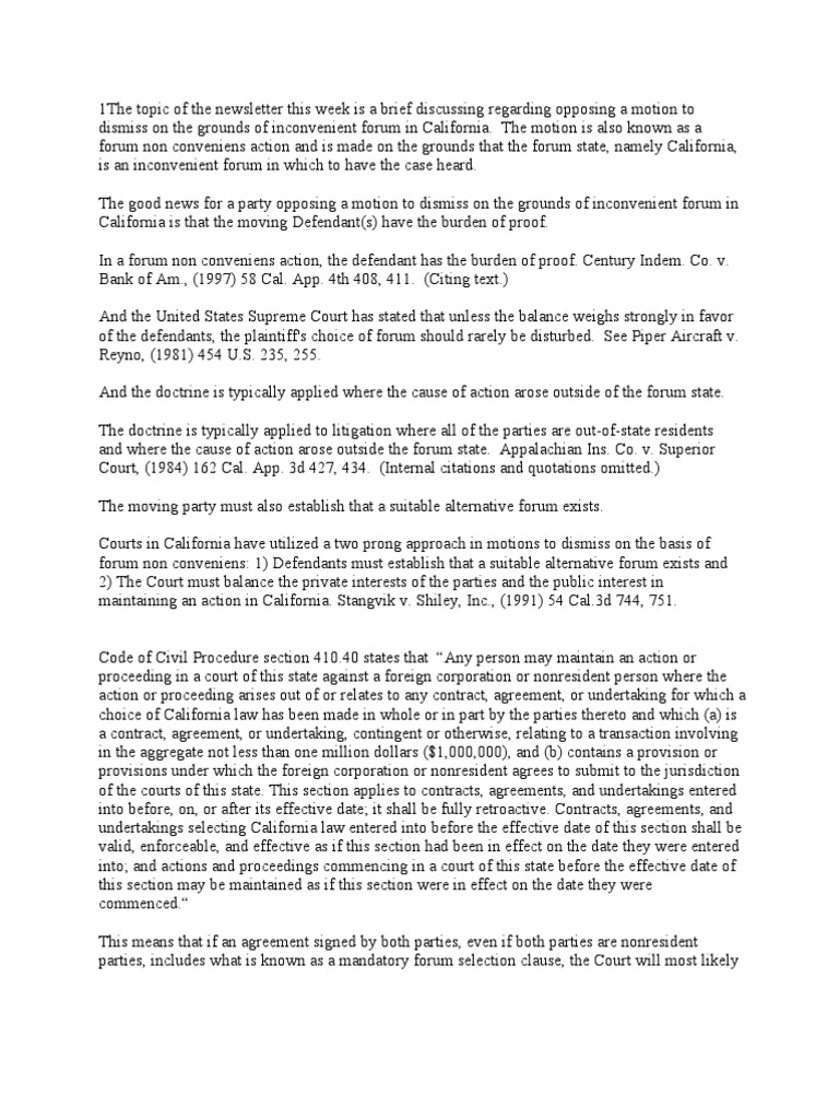 Opposing a Motion to Dismiss for Inconvenient Forum in California ...