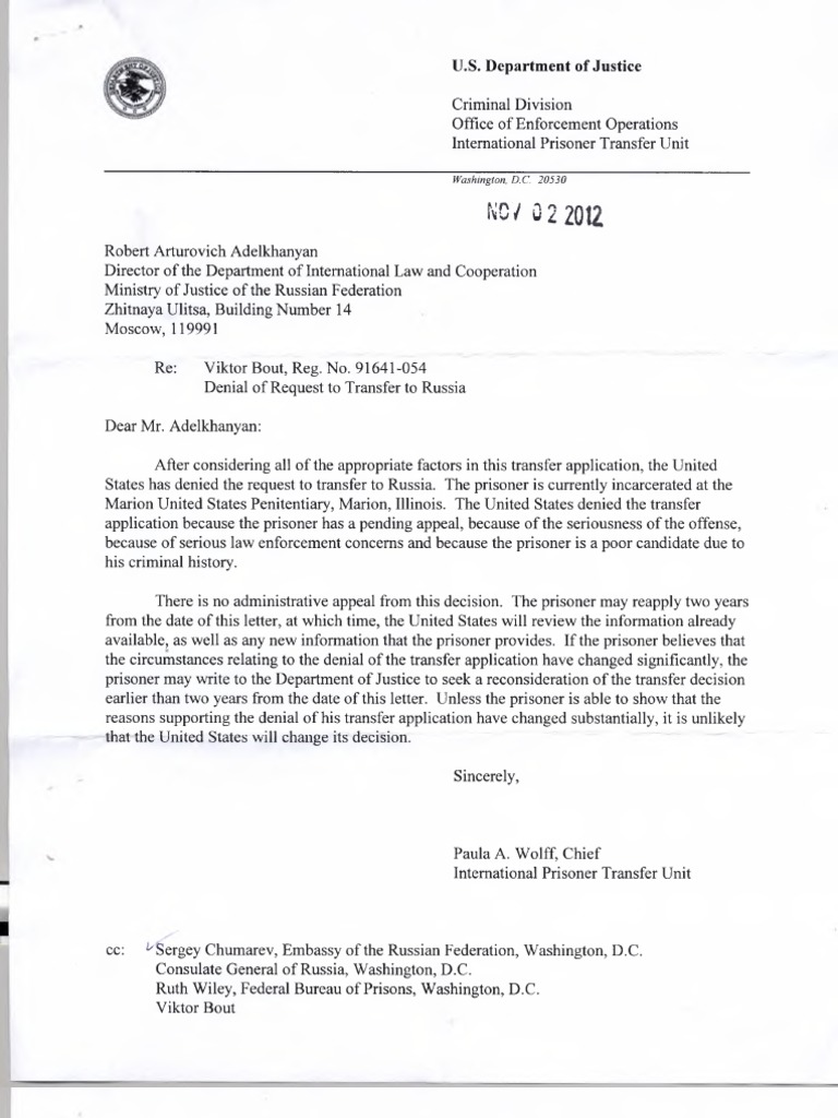 Viktor Bout's Extradition Denial Letter From The U.S. Justice ...
