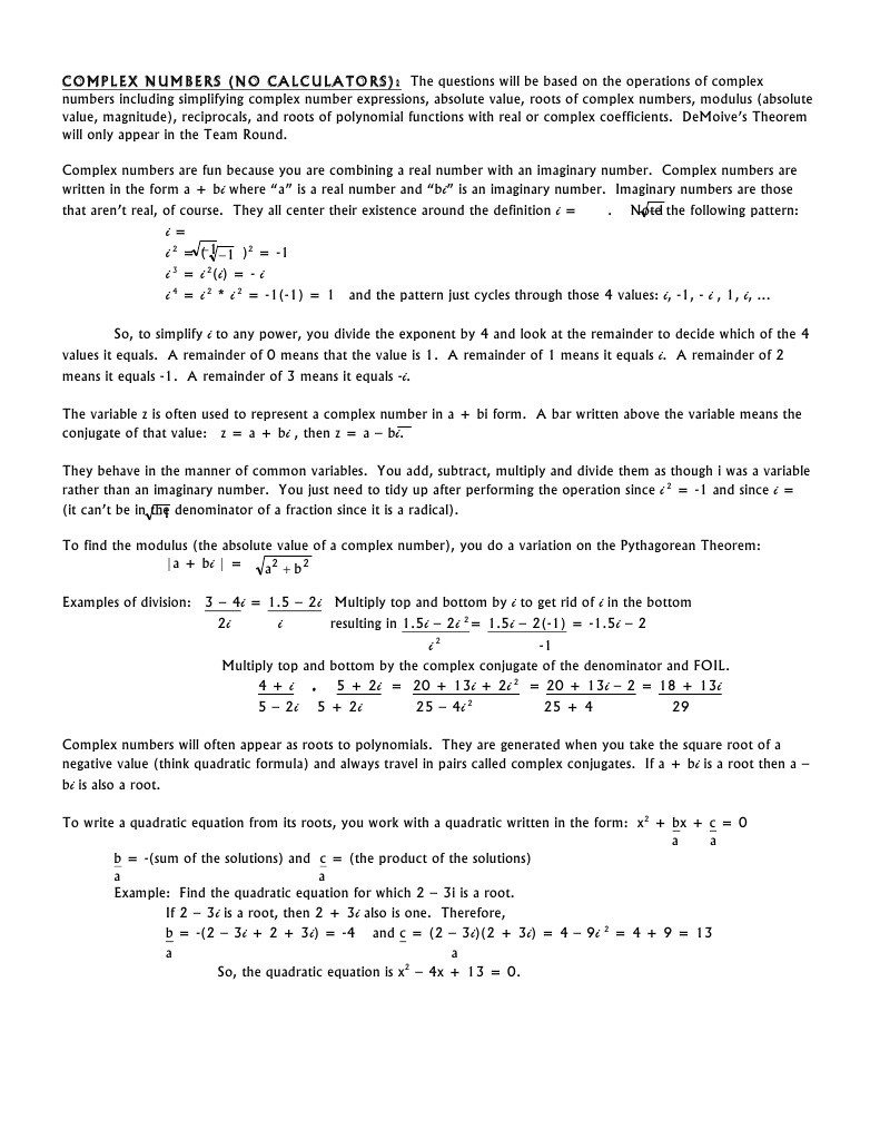 Some Complex Numbers Notes | PDF | Complex Number | Quadratic Equation