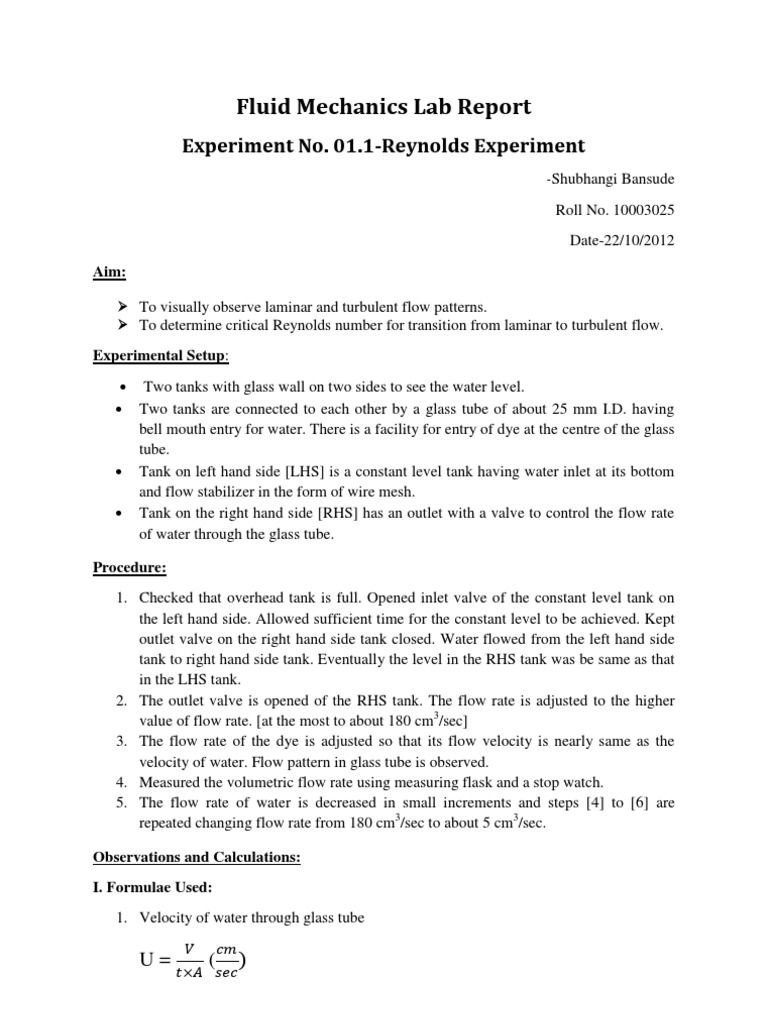 Reynolds Experiment | PDF | Reynolds Number | Laminar Flow