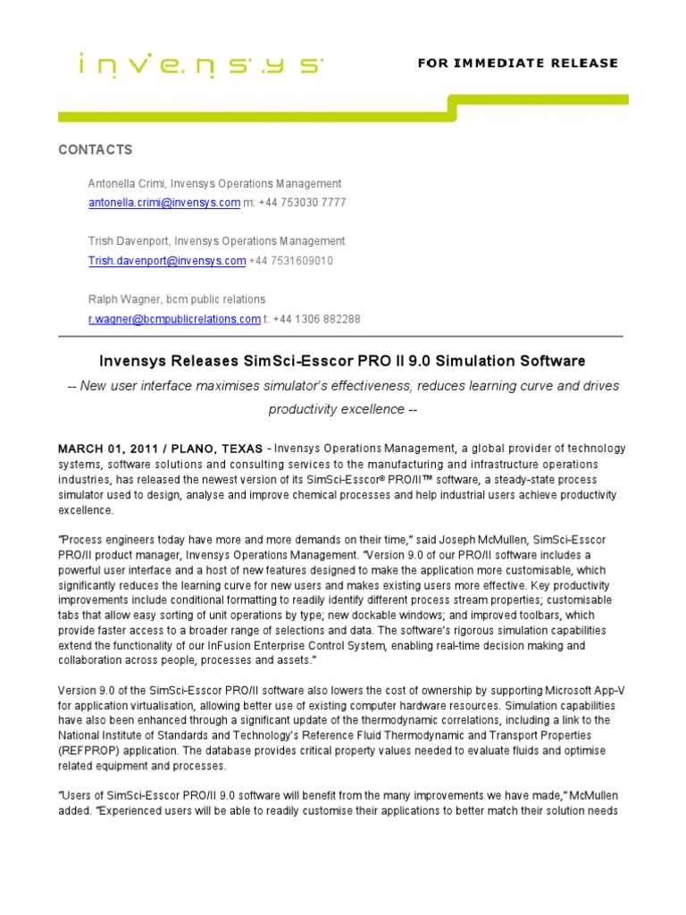 (11-87) Invensys Releases SimSci-Esscor PRO II 9.0 Simulation Software ...