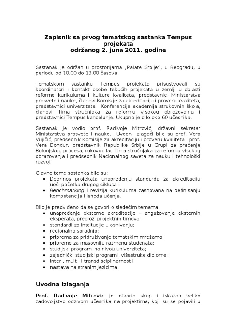 TEMPUS Zapisnik Sa Tematskog Sastanka | PDF