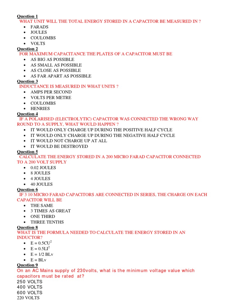 Capacitor and Inductor Quiz Answers | PDF | Volt | Capacitor