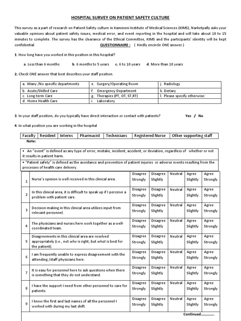 Hospital Survey On Patient Safety Culture Questionnaire | PDF | Patient ...