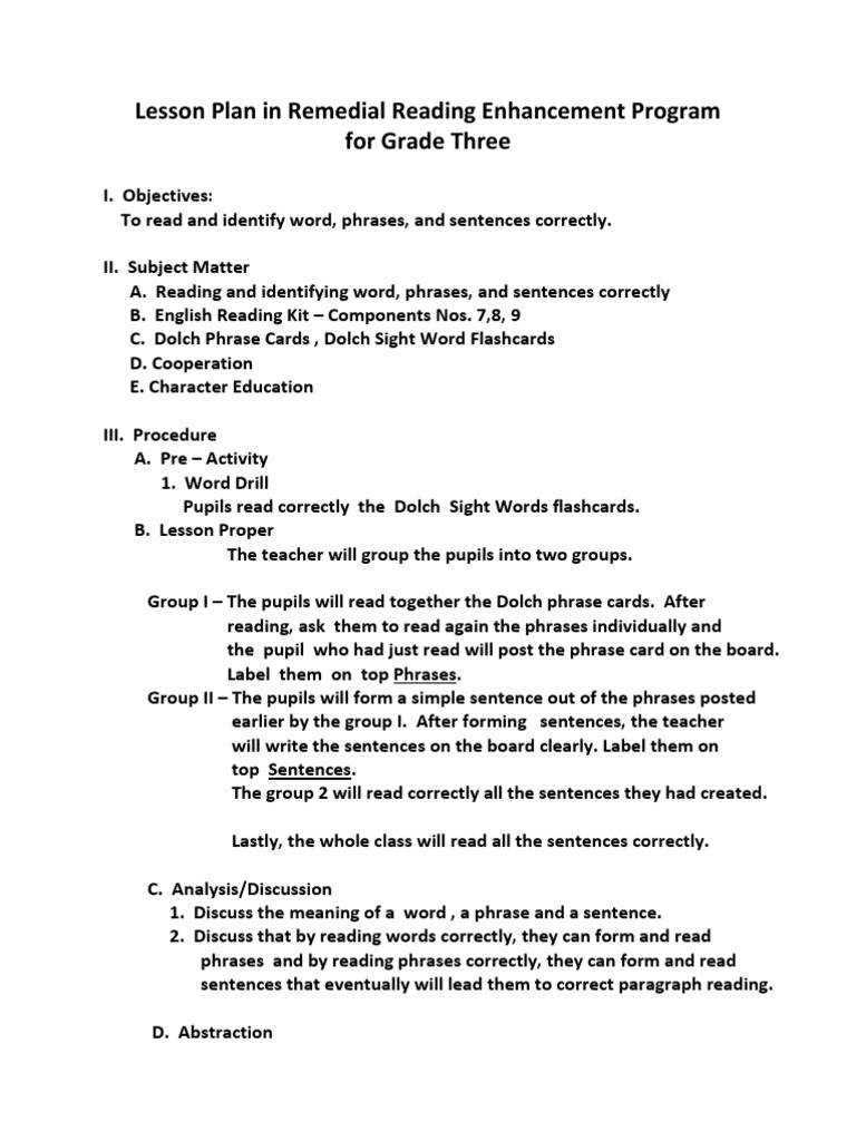 Lesson Plan in Remedial Reading Enhancement Program For Grade Three | PDF