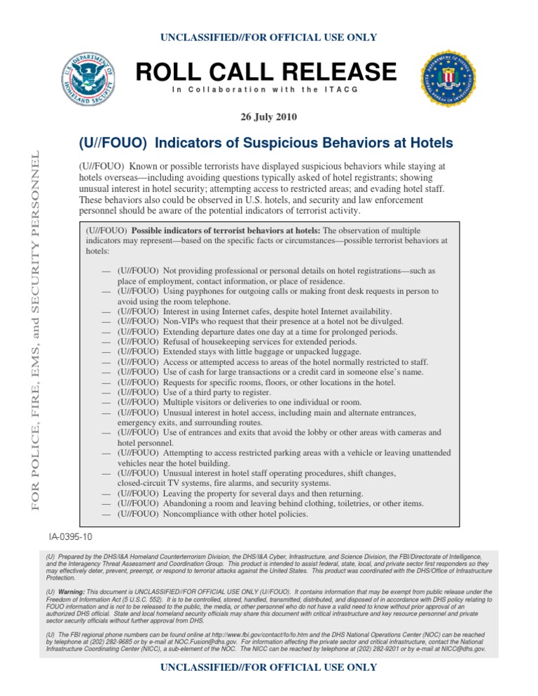 hotel guests suspicious behaviors | United States Department Of ...