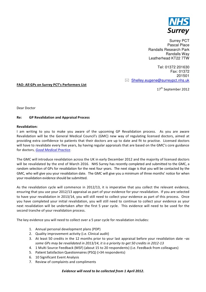 GP Revalidation Appraisal Letter 17sept12 Shelly Eugene | PDF | General ...