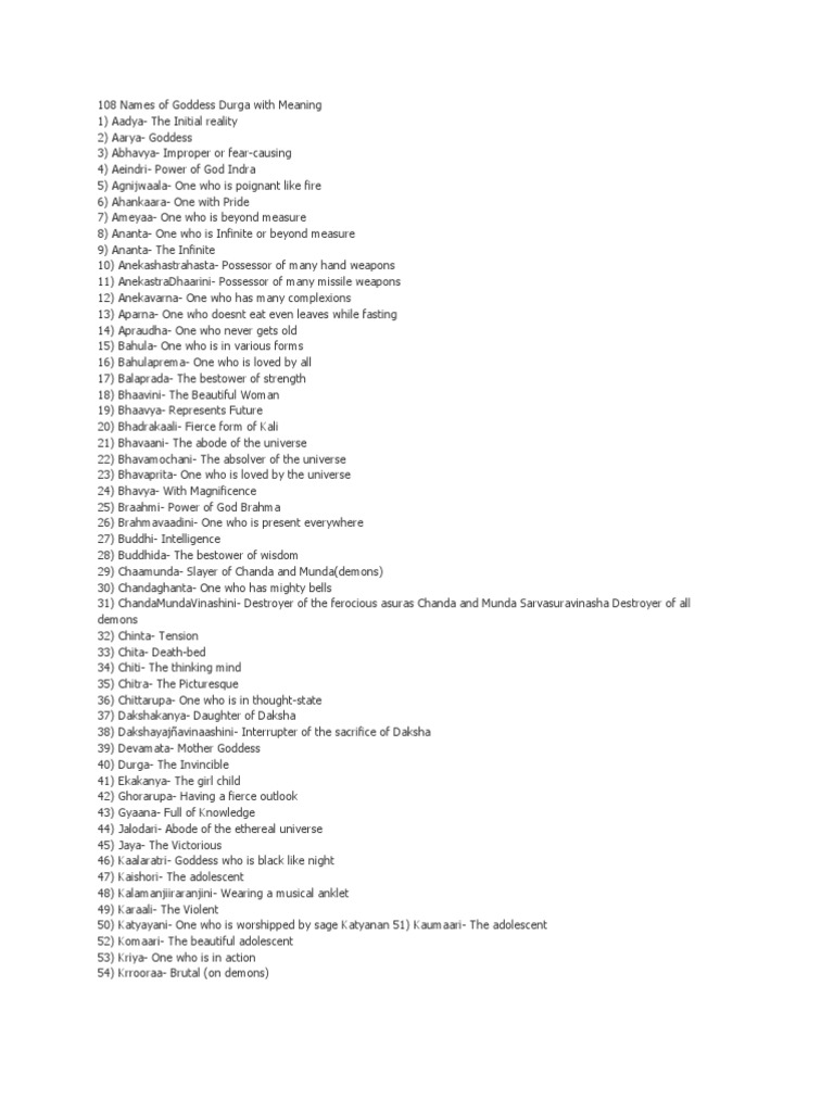 108 Names of Maa Durga | PDF | Shiva | Kali