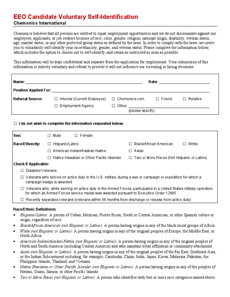 EEO Candidate Voluntary Self Identification Form Oct 2011 | PDF | Race ...